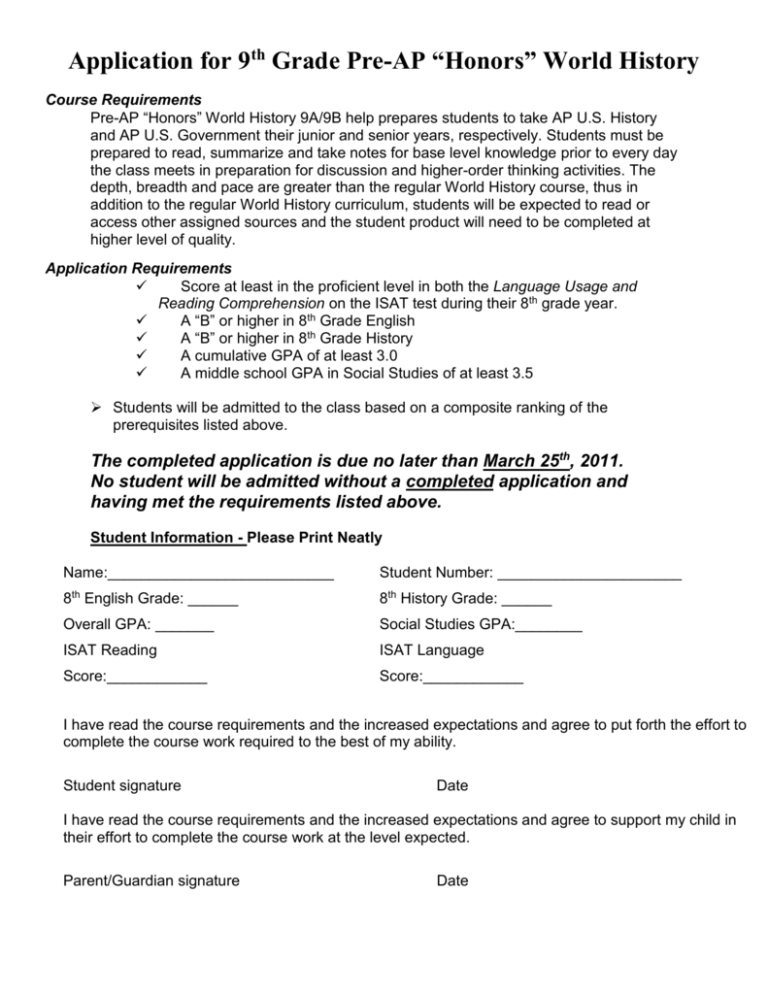 Application For 10th Grade Honors English Application For 10th Grade Honors English