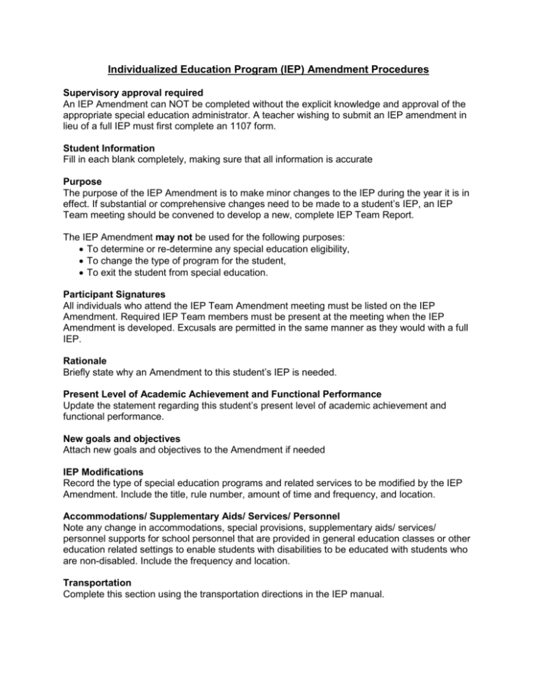 Individualized Education Program IEP Addendum