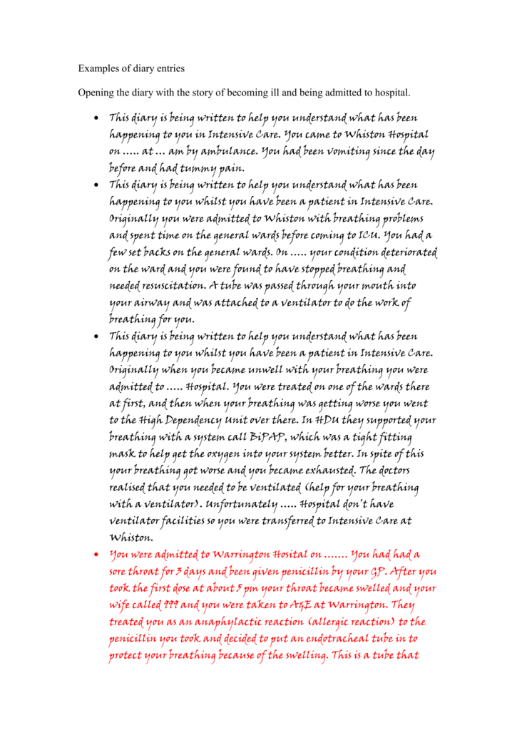 Examples Of Diary Entries ICU
