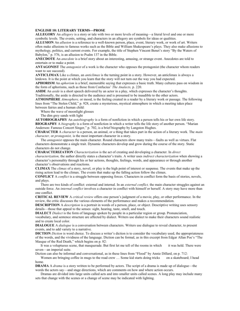 ENGLISH 10 LITERARY TERMS PROSE