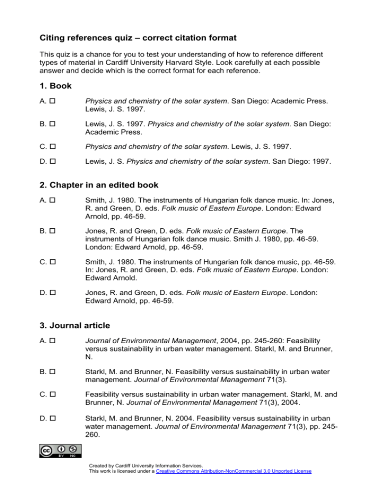Citing References Quiz Correct Citation Format