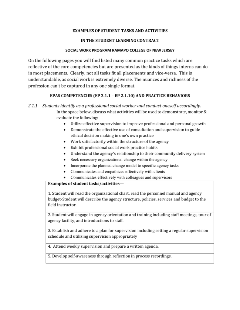 EXAMPLES OF STUDENT TASKS AND ACTIVITIES IN THE