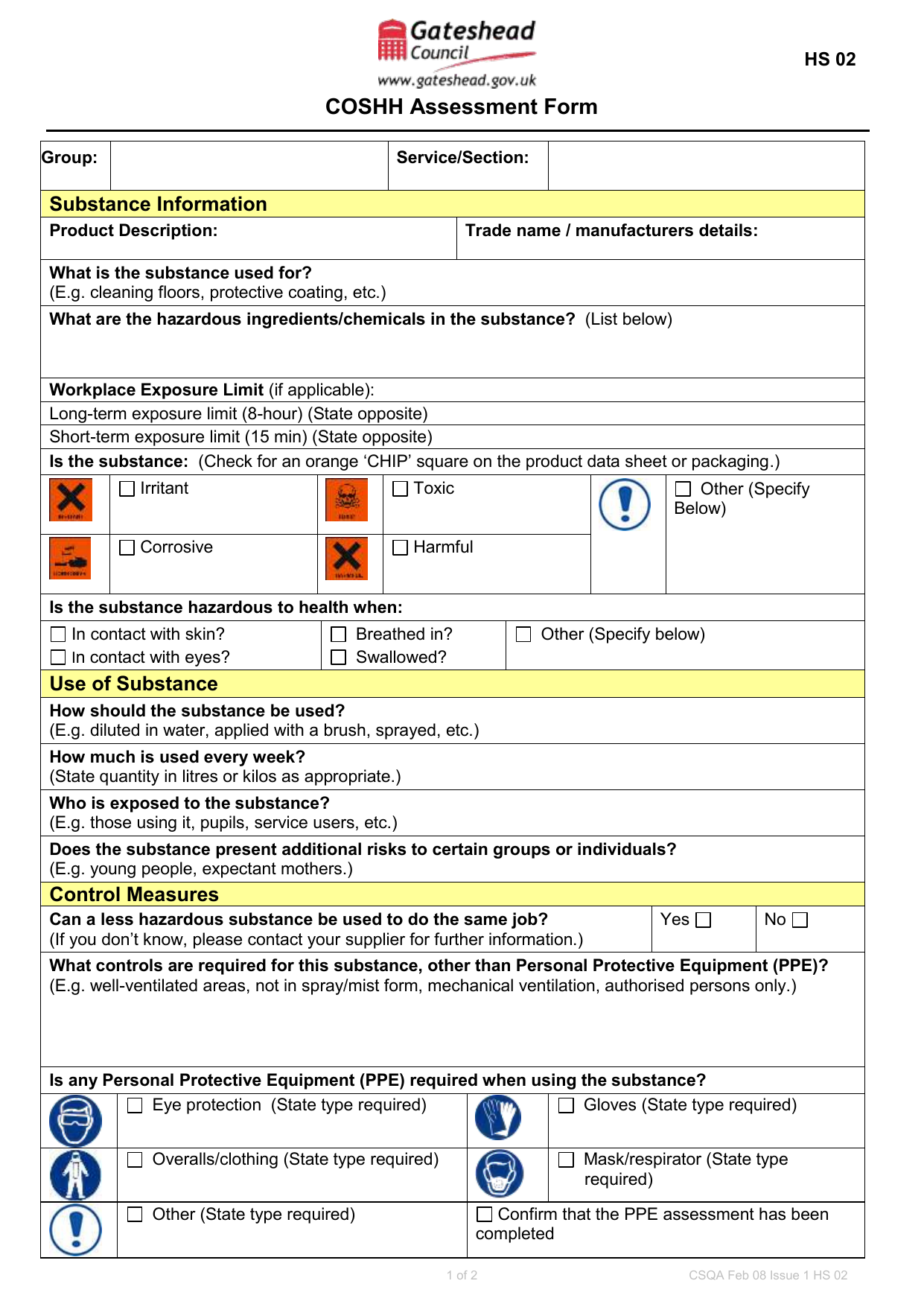 COSHH Assessment Template