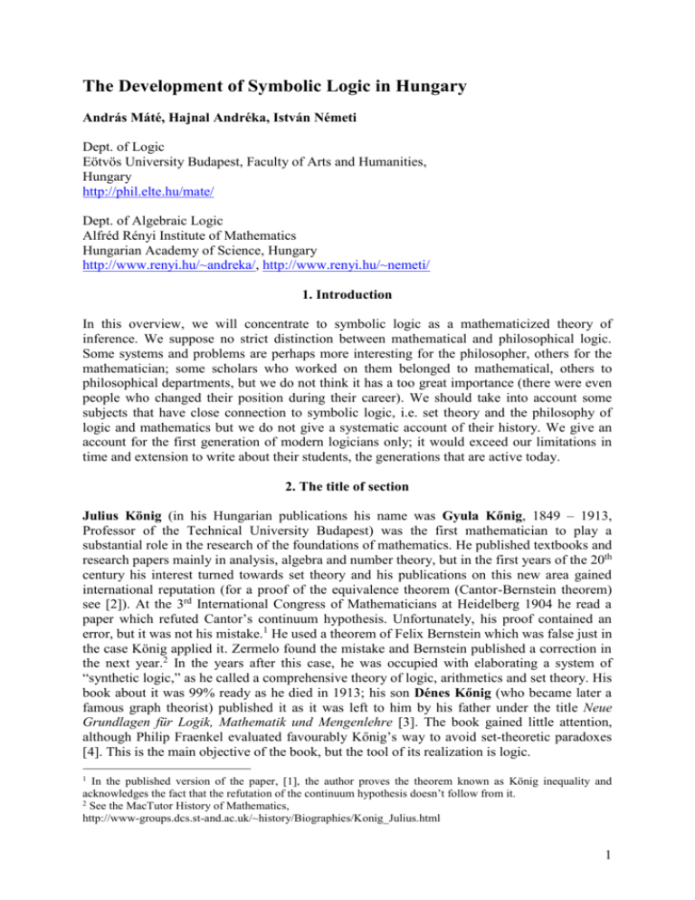 The Development Of Symbolic Logic In Hungary