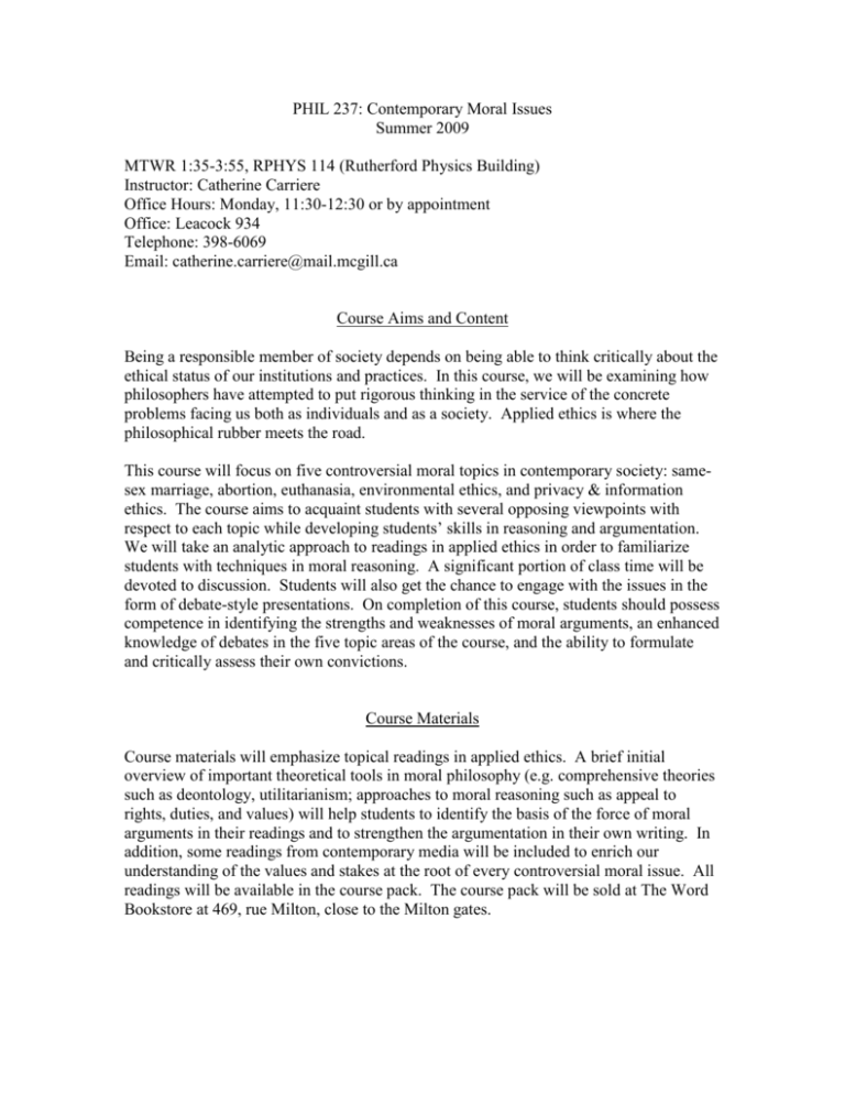 Contemporary Moral Issues Course Outline Contemporary Moral Issues Course Outline