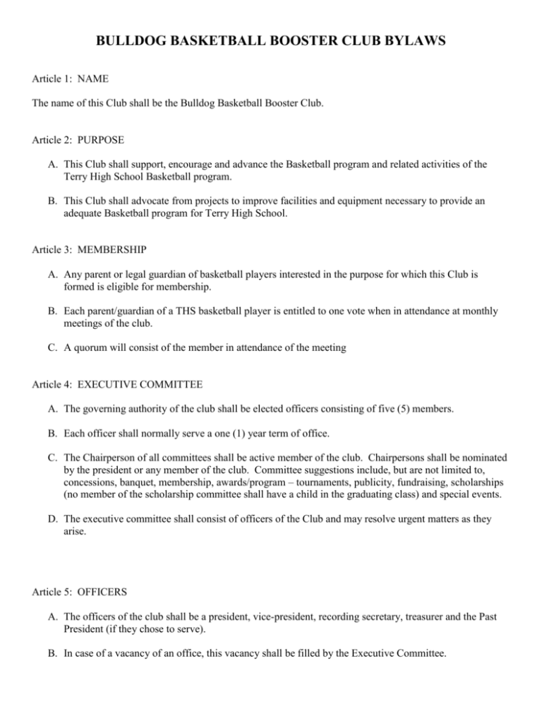 BULLDOG BASKETBALL BOOSTER CLUB BYLAWS