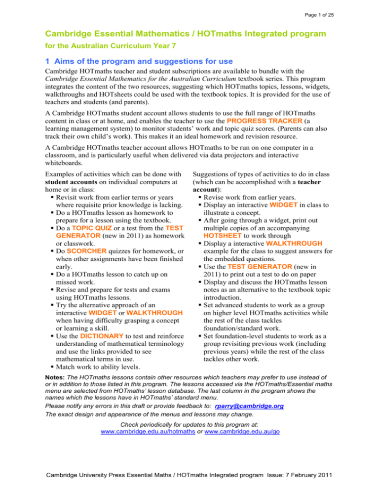 Cambridge Essential Mathematics HOTmaths Integrated Program