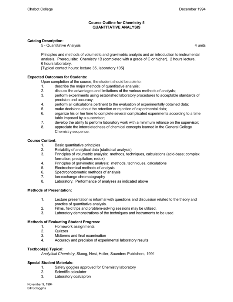 Chemistry 5 Quantitative Analysis Course Outline Chemistry 5 Quantitative Analysis Course Outline