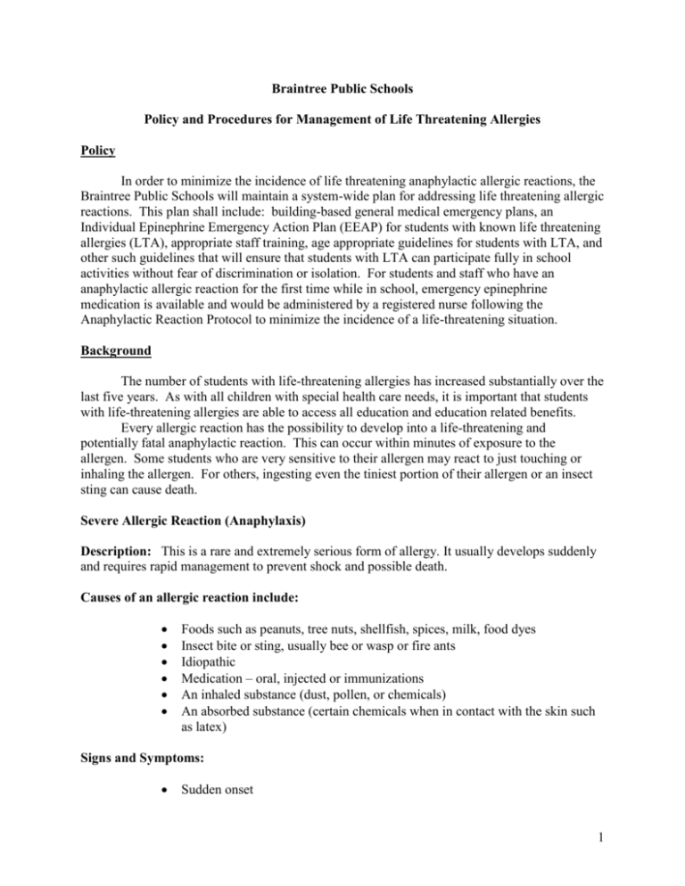 Policy And Procedures For Management Of Life Threatening Allergies Policy And Procedures For Management Of Life Threatening Allergies