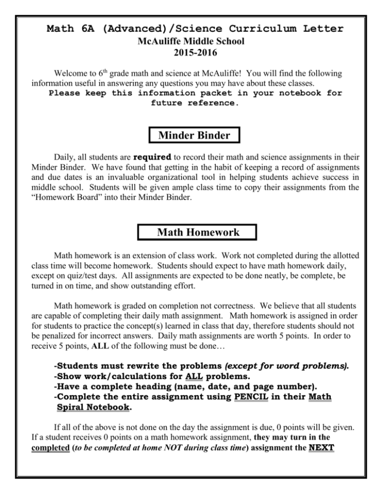 Math 6/Science Curriculum Letter