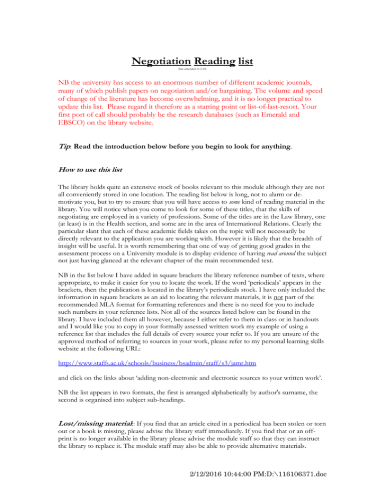 Negotiation Reading list