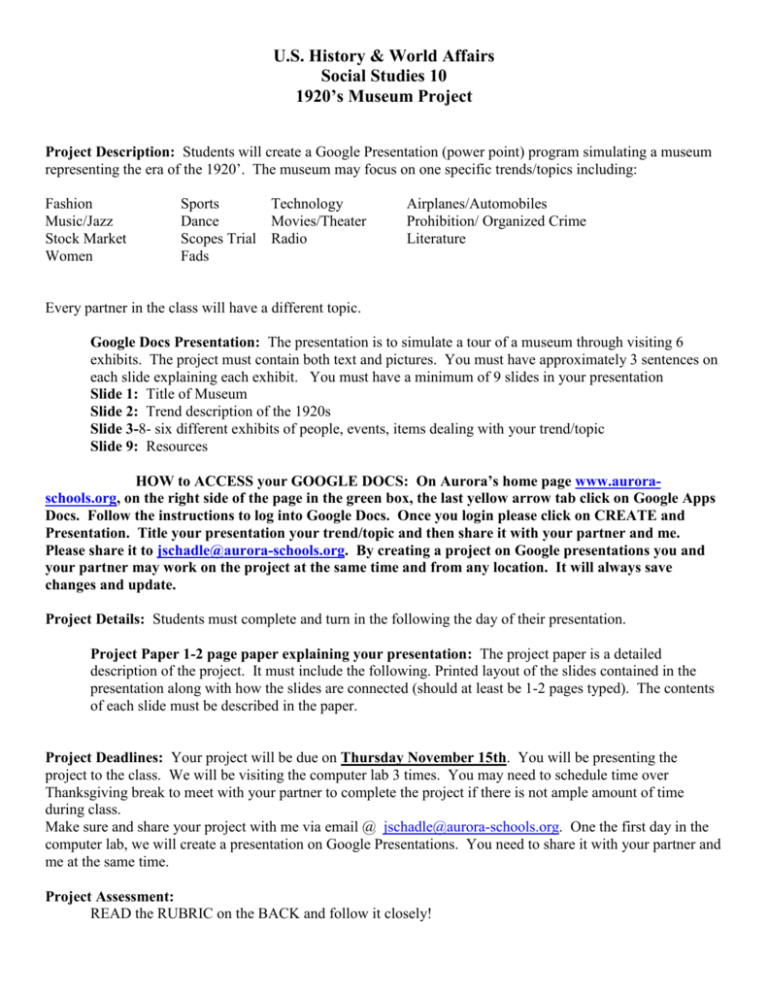 1920s Museum Project: Social Studies 10 Assignment