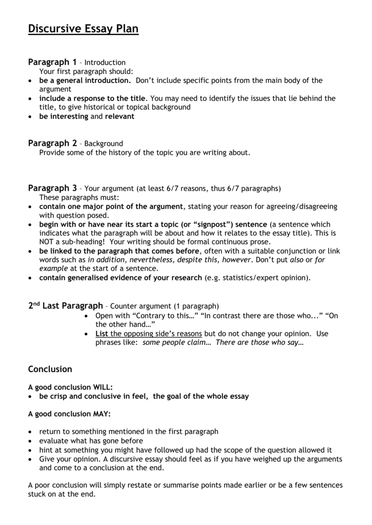 Discursive Essay Plan Discursive Essay Plan