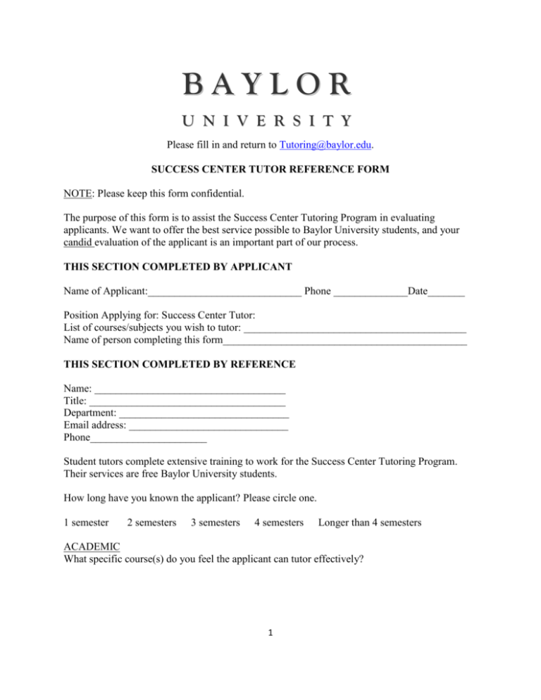 Success Center Tutor Reference Form