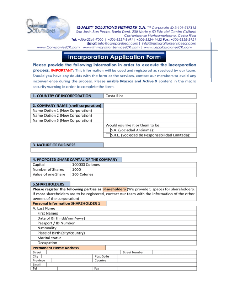 QUALITY SOLUTIONS NETWORK S A Corporate ID 3
