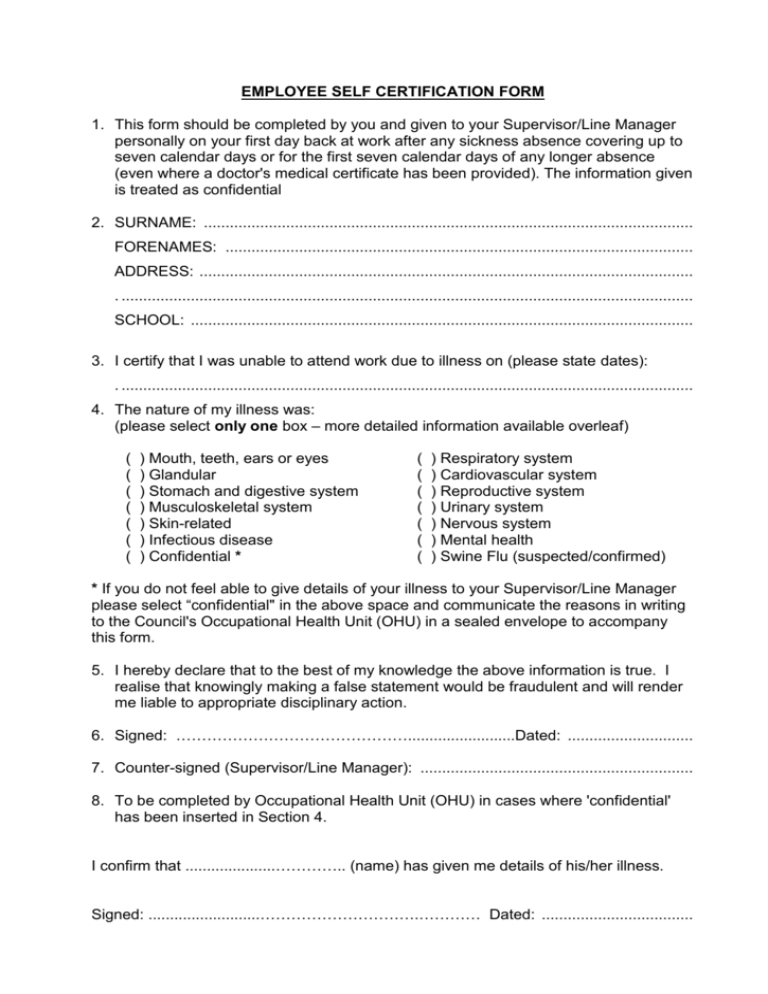 SELF CERTIFICATION FORM