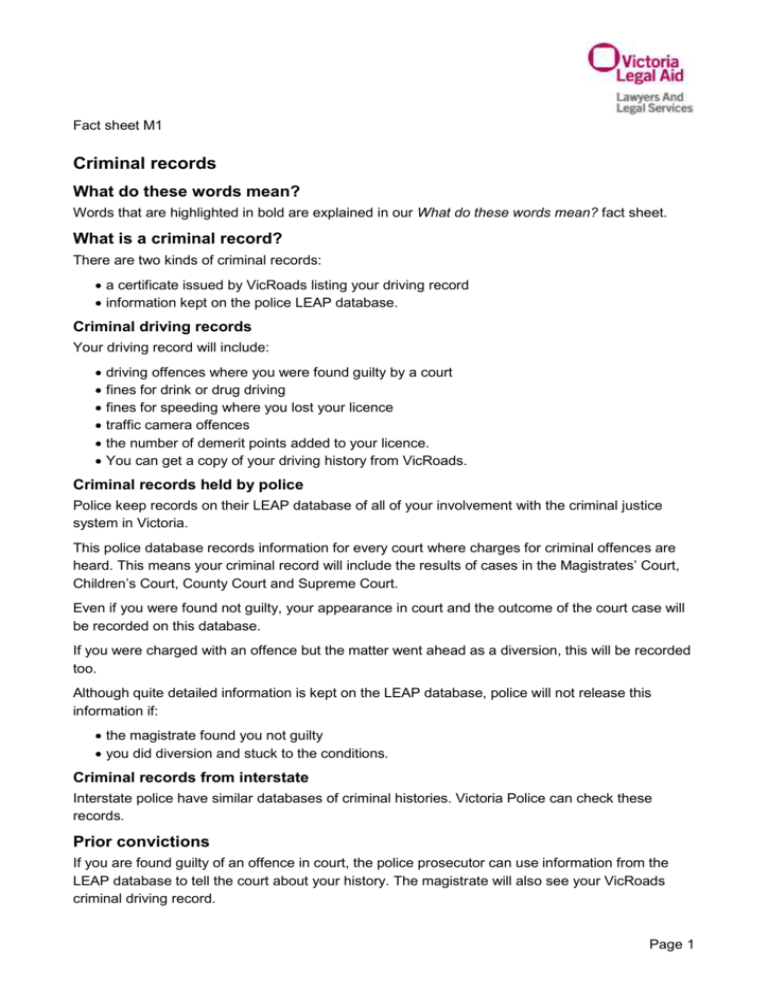 Fact Sheet M1 Criminal Records Fact Sheet M1 Criminal Records