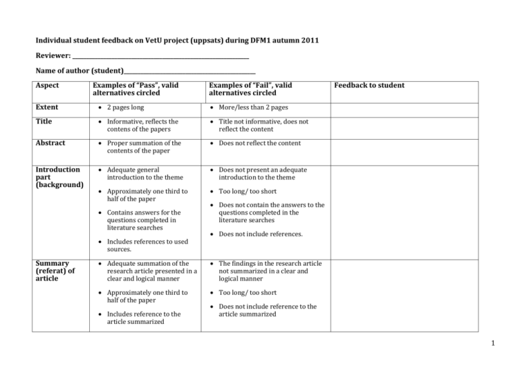 Individual Student Feedback On VetU Project uppsats During DFM1 Individual Student Feedback On VetU Project uppsats During DFM1