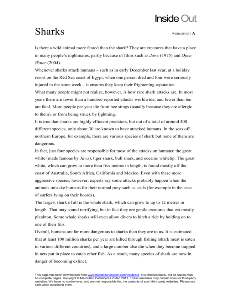 Sharks WORKSHEET A Sharks WORKSHEET A