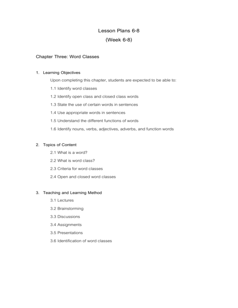 Chapter Three Word Classes