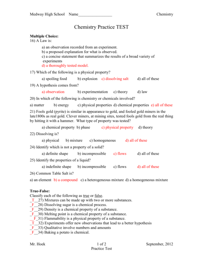 Chem Practice TEST 1 Answer Key