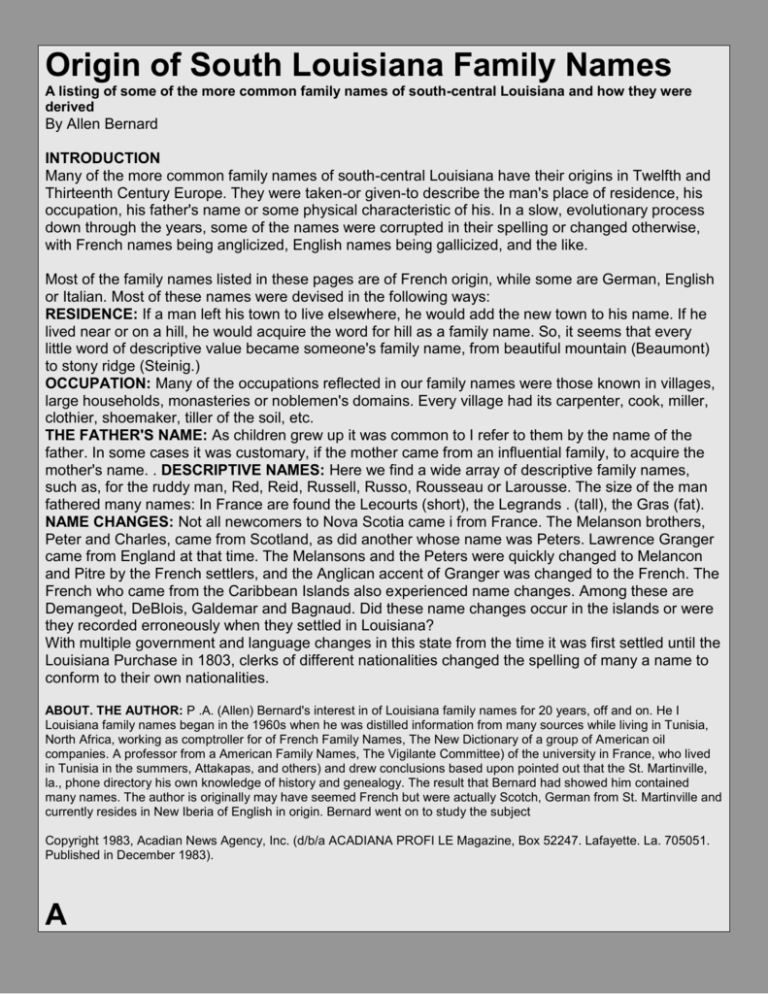 Origin Of South Louisiana Family Names Origin Of South Louisiana Family Names