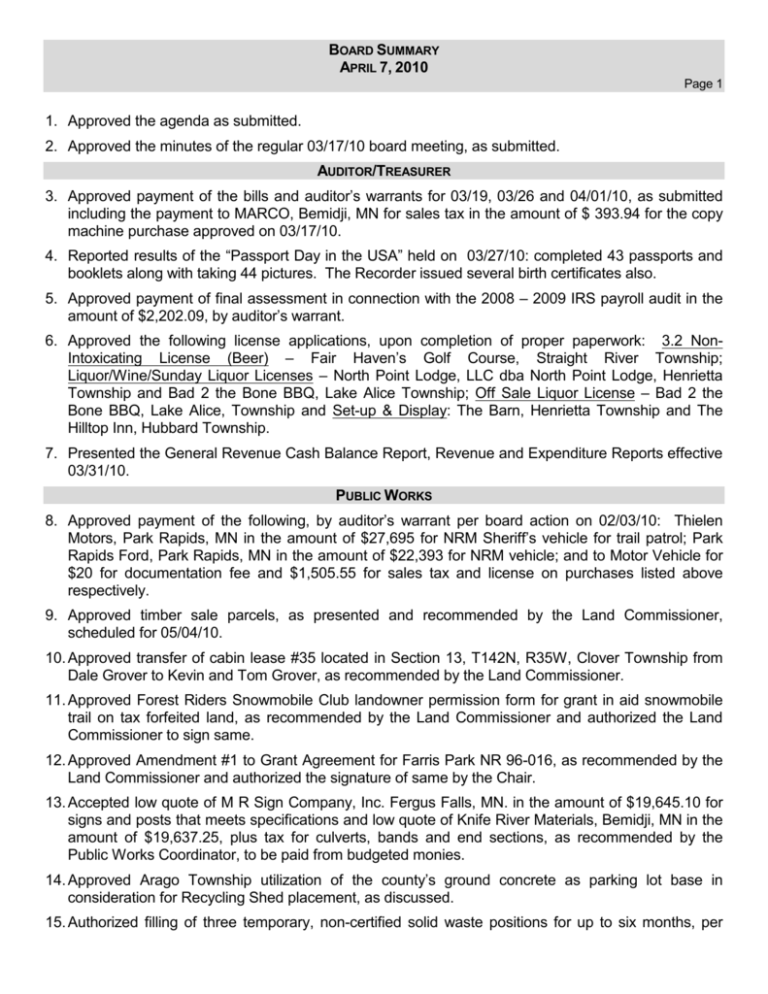 Board Summary Hubbard County