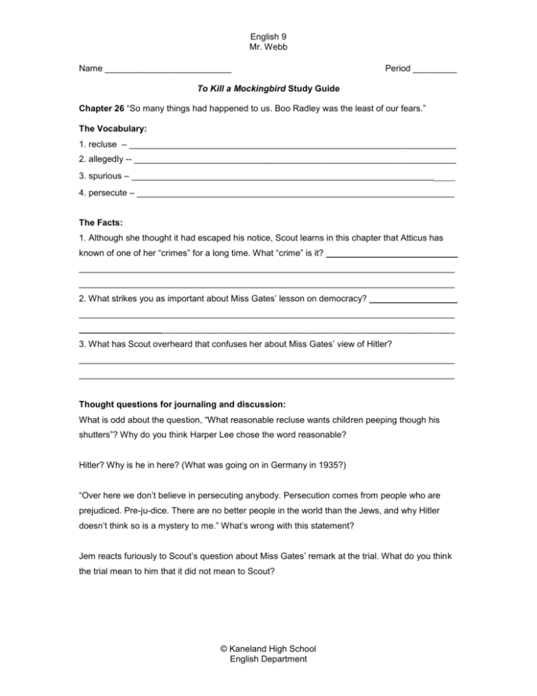 To Kill a Mockingbird Study Guide: Chapters 26-31