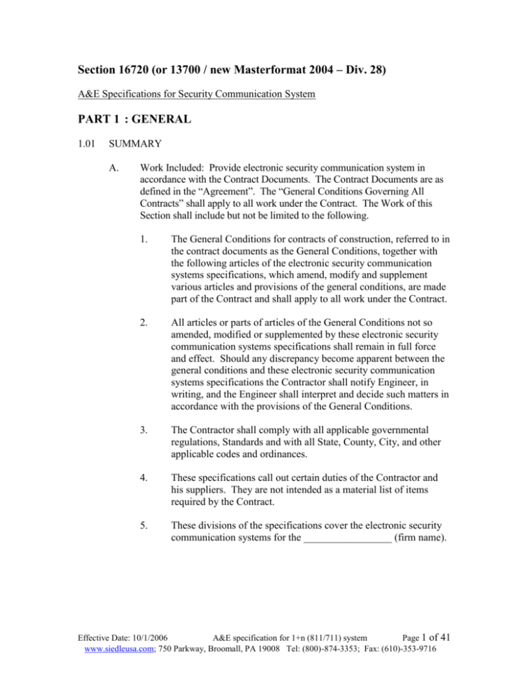 A & E GUIDE Specifications for Siedle Intercom 3000