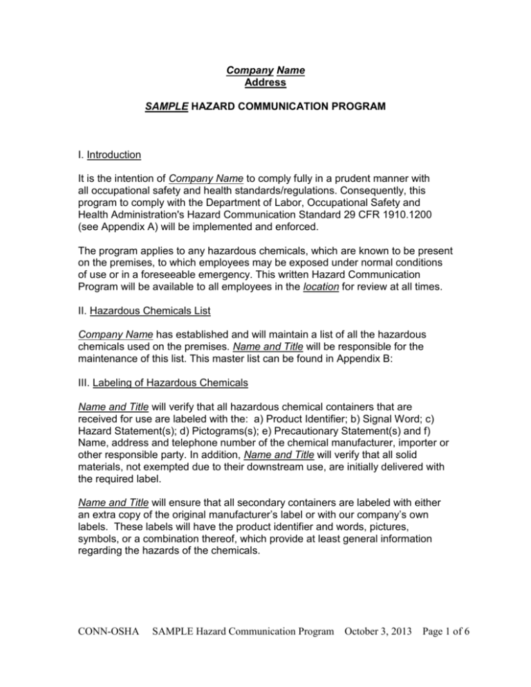 Sample Written Hazard Communication Program For Employers