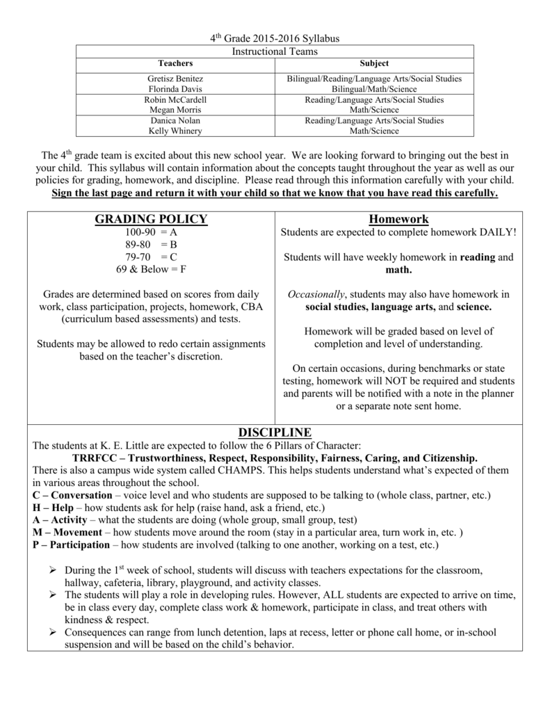 4th Grade 2015 2016 Syllabus