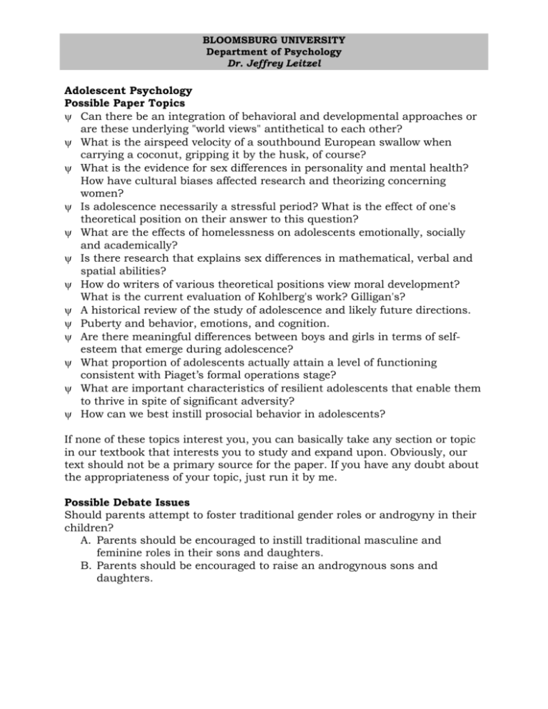 Possible Paper Topics Possible Paper Topics