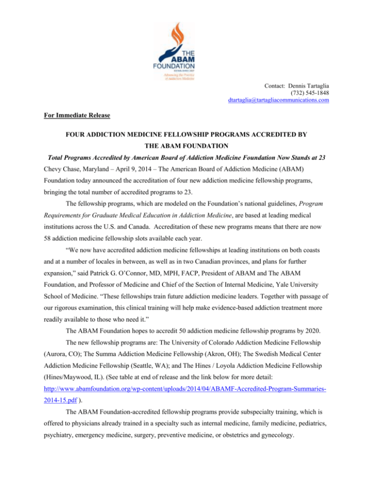 Four Addicton Medicine Fellowships Accredited