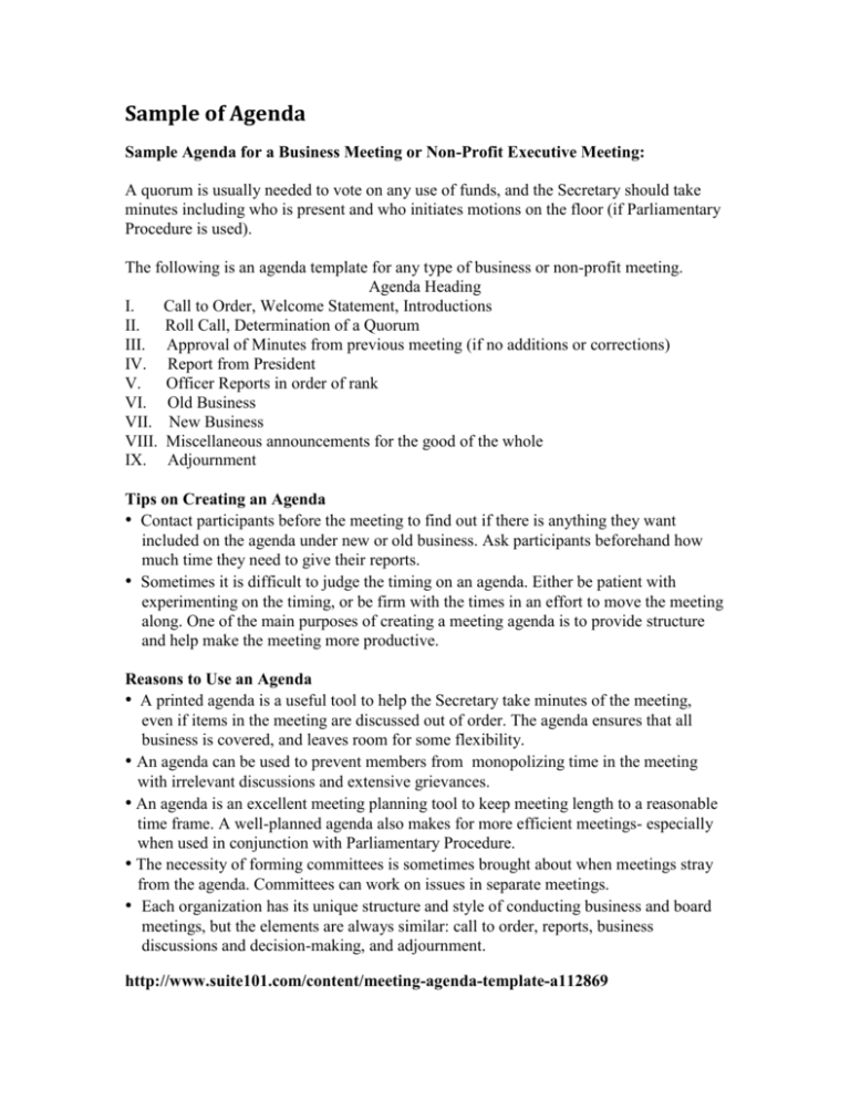 Sample Agendas And Minutes