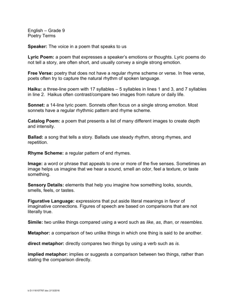 Grade 9 Poetry Terms Definitions Examples Grade 9 Poetry Terms Definitions Examples