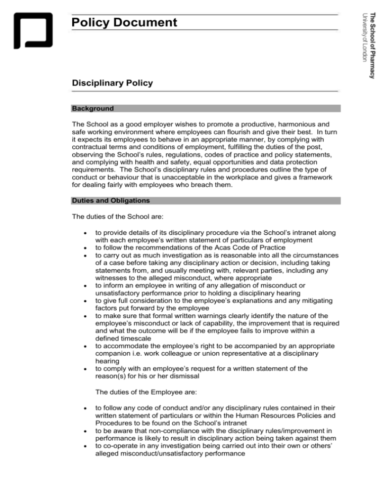 School Disciplinary Policy Employee Conduct Procedures