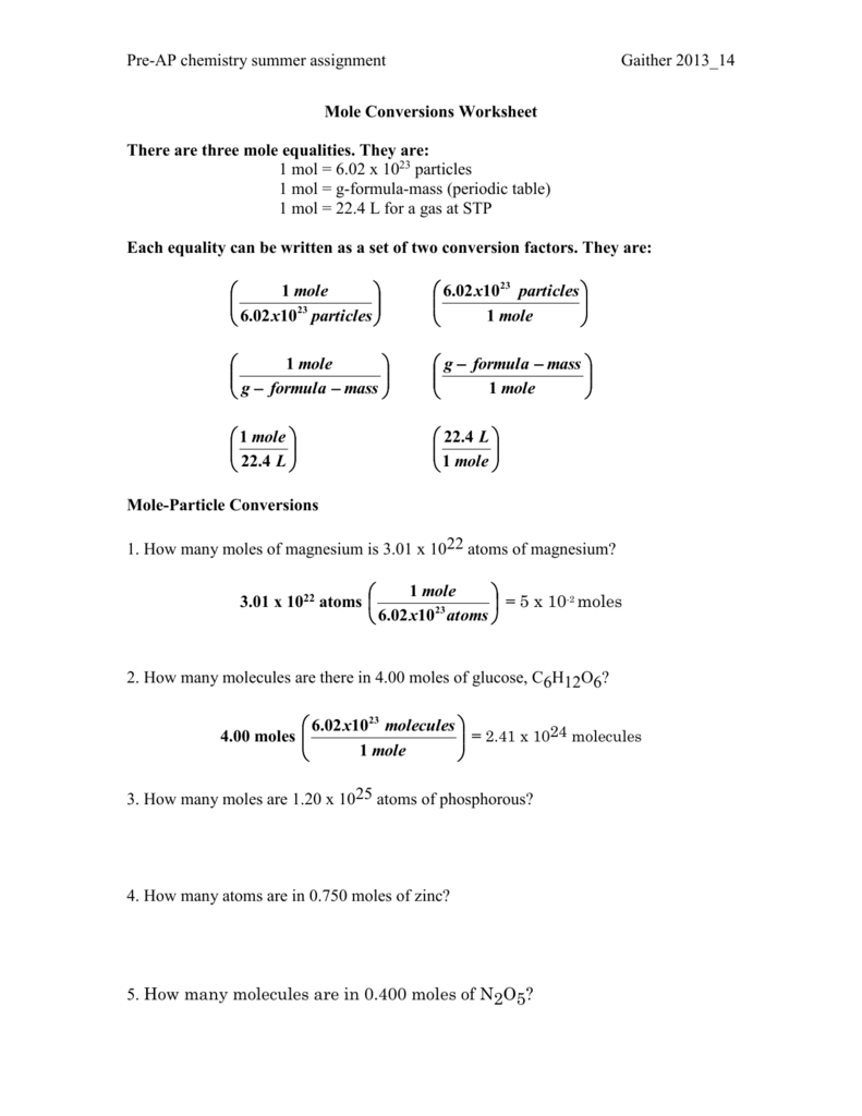 6 Mole Conversions Worksheet 6 Mole Conversions Worksheet
