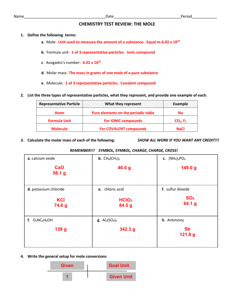 Mole Review Worksheet Key Mole Review Worksheet Key