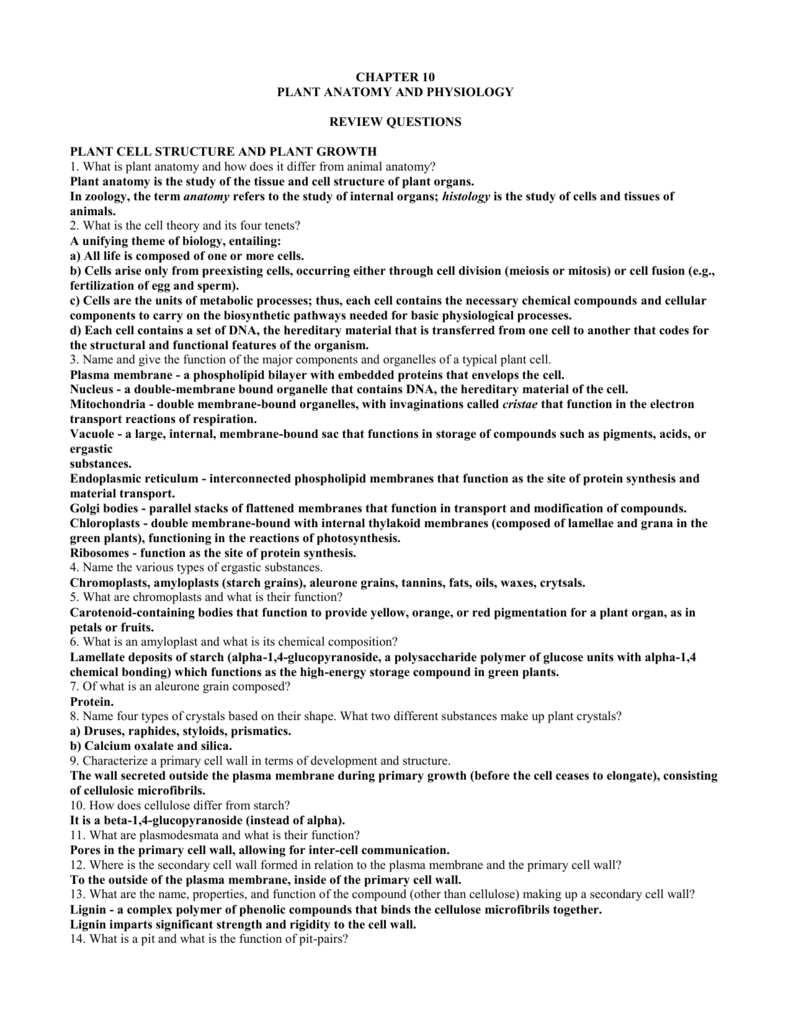 CHAPTER 10 PLANT ANATOMY AND PHYSIOLOGY REVIEW CHAPTER 10 PLANT ANATOMY AND PHYSIOLOGY REVIEW