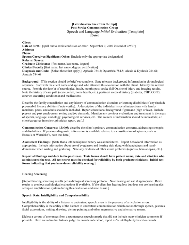 Speech And Language Initial Evaluation Template 