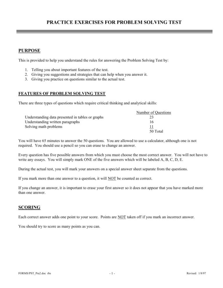 PRACTICE EXERCISES FOR PROBLEM SOLVING TEST