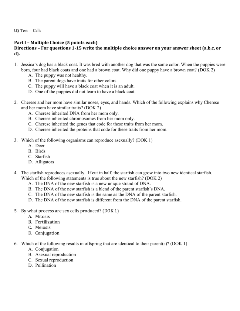 U3 Test Cells Part I Multiple Choice 5 Points Each Directions