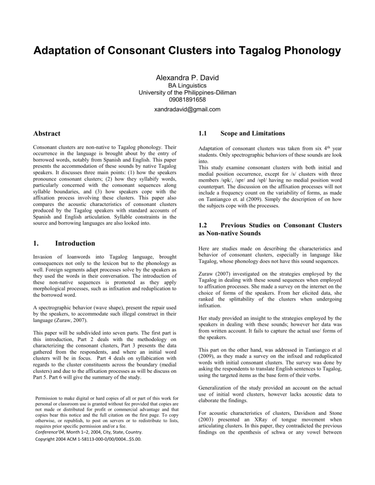Adaptation Of Consonant Clusters Into Tagalog Phonology