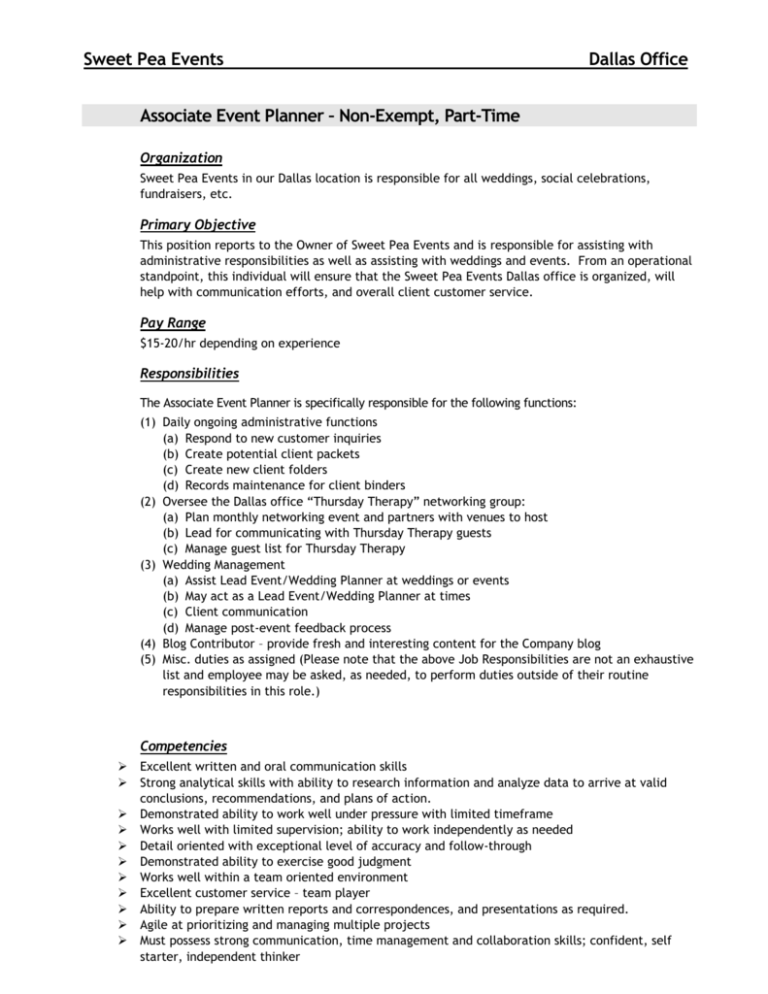 Job Description Associate Event Planner