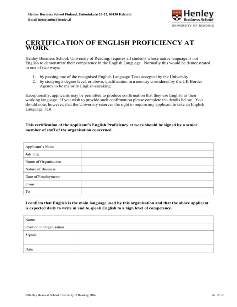 English Language Proficiency At Work Form