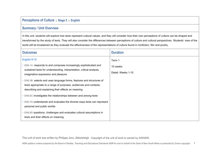 Stage 5 Perceptions Of Culture Unit