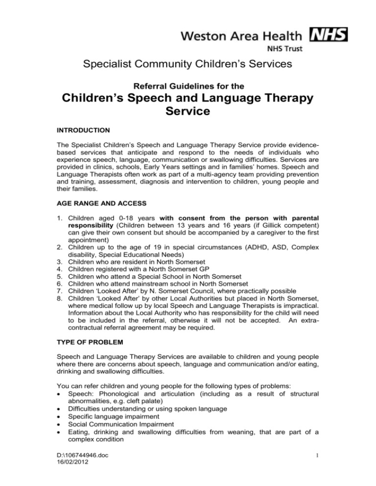 Speech And Language Therapy Weston Area Health NHS Trust