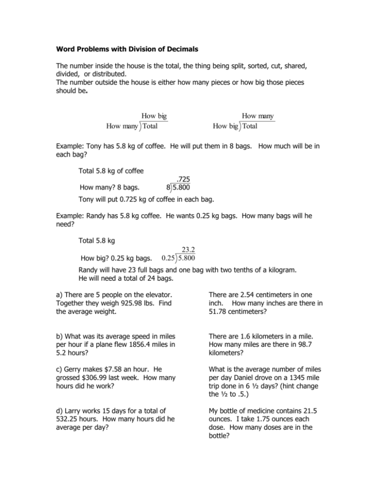 Word Problems With Division Of Decimals