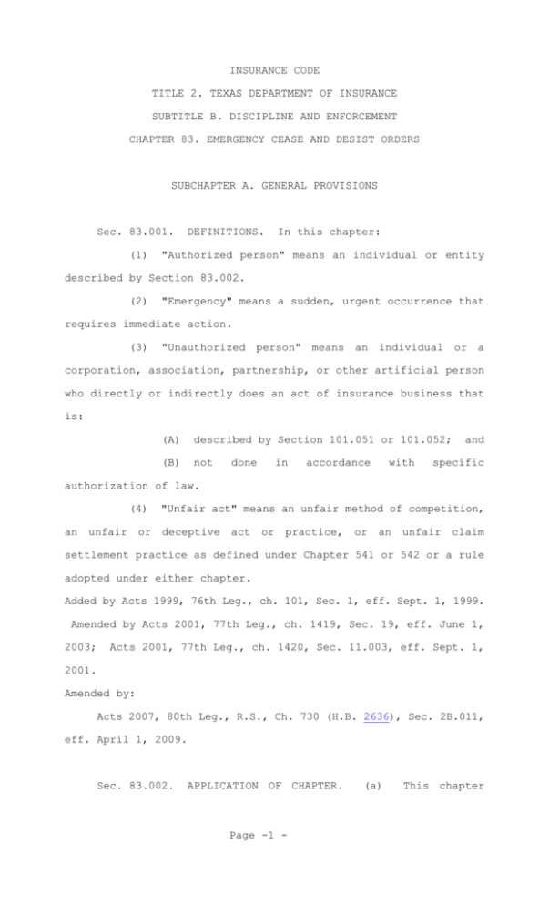 INSURANCE CODE TITLE 2 TEXAS DEPARTMENT OF