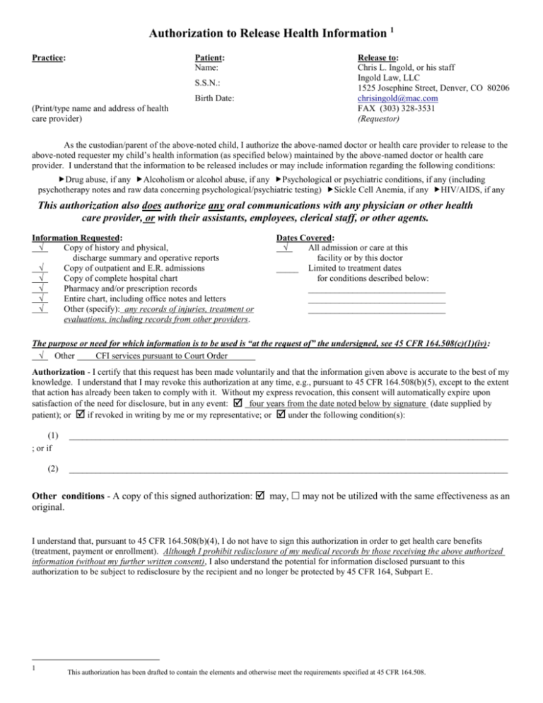 1i form Release HIPAA compliant